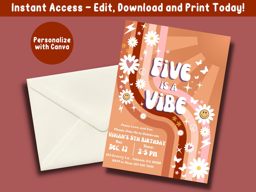 Editable 5th Groovy Birthday Invite Five is a Vibe Daisy Groovy Invite ...