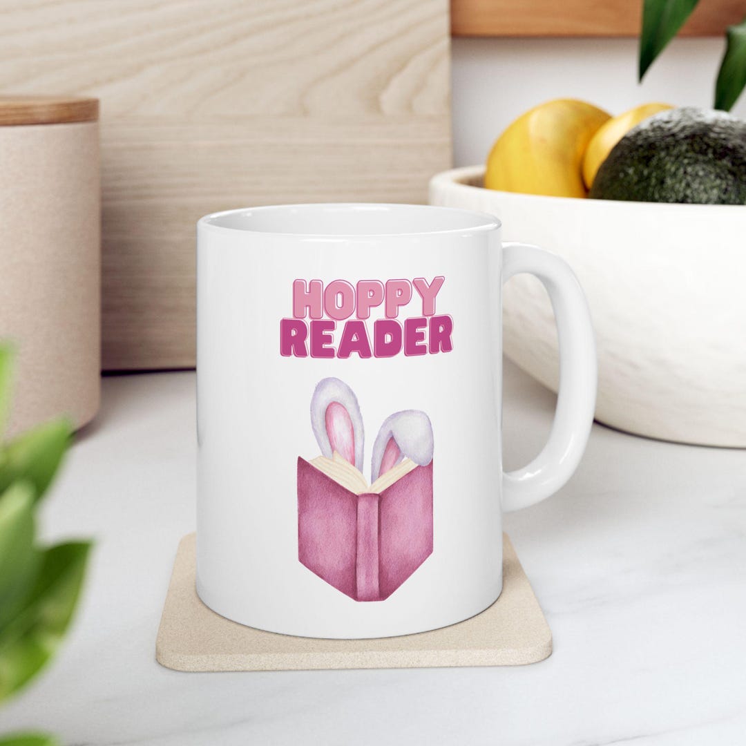 Hoppy Reading Mug Cute Book Lover Coffee Mug With Bunny Ears, Pink ...