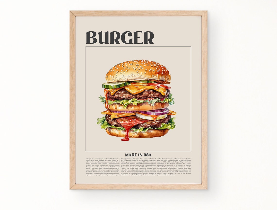 Retro Burger Wall Art, Vintage Hamburger Artwork, Burger Poster, Food ...