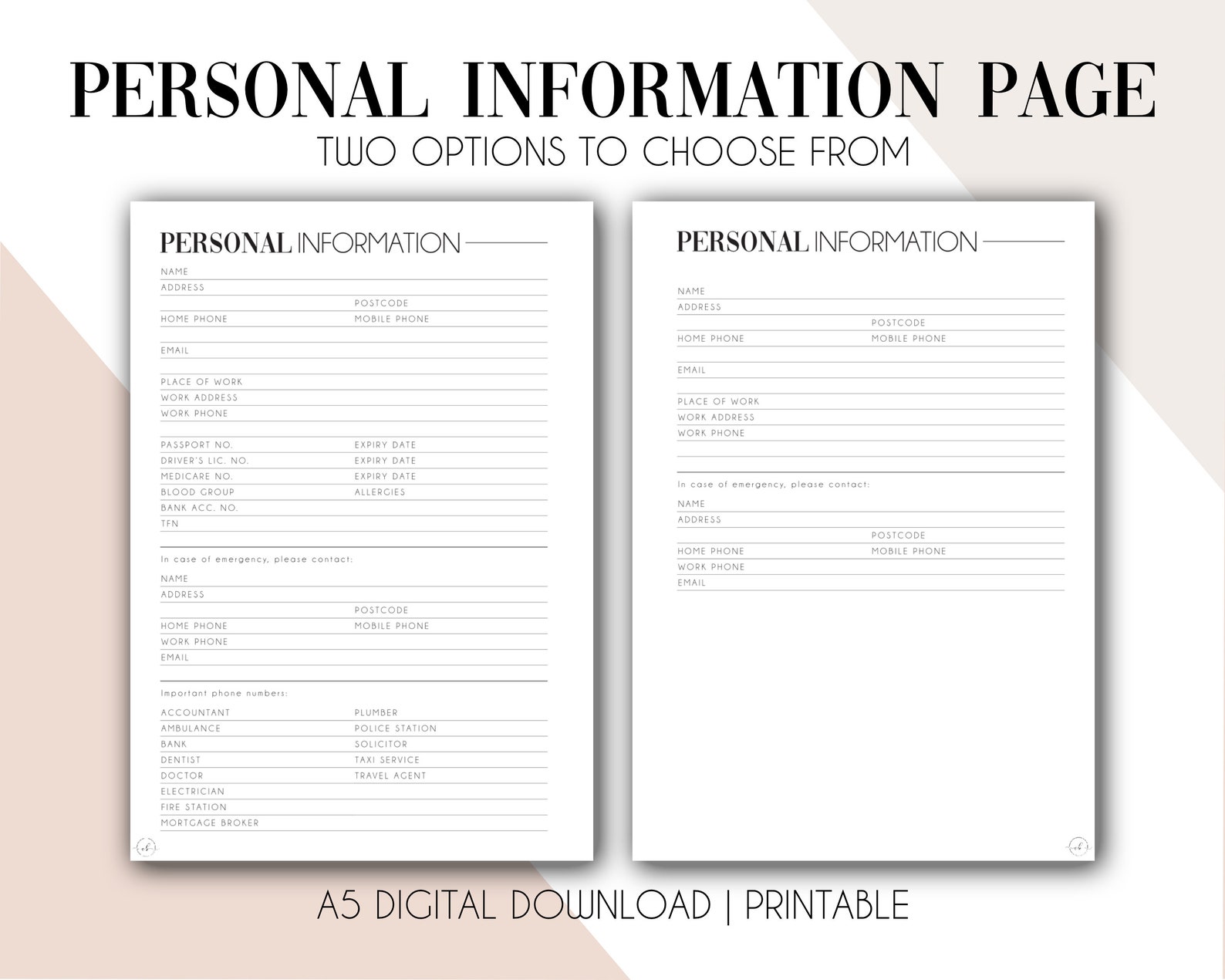 PERSONAL INFORMATION PAGE Minimalist No. 2 A5 Printable | Etsy