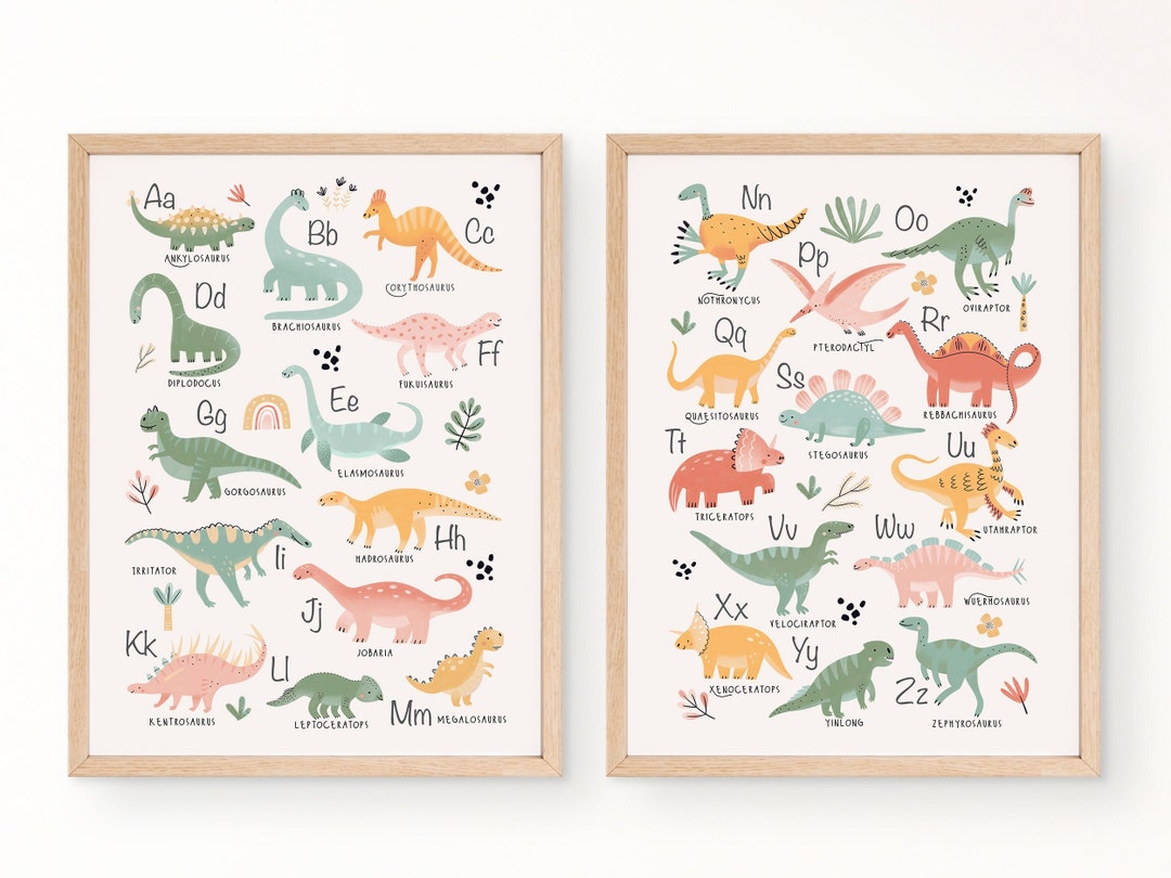Set of 2 Dinosaur Alphabet Letter Wall Art | Nursery Dinosaur Theme Set ...