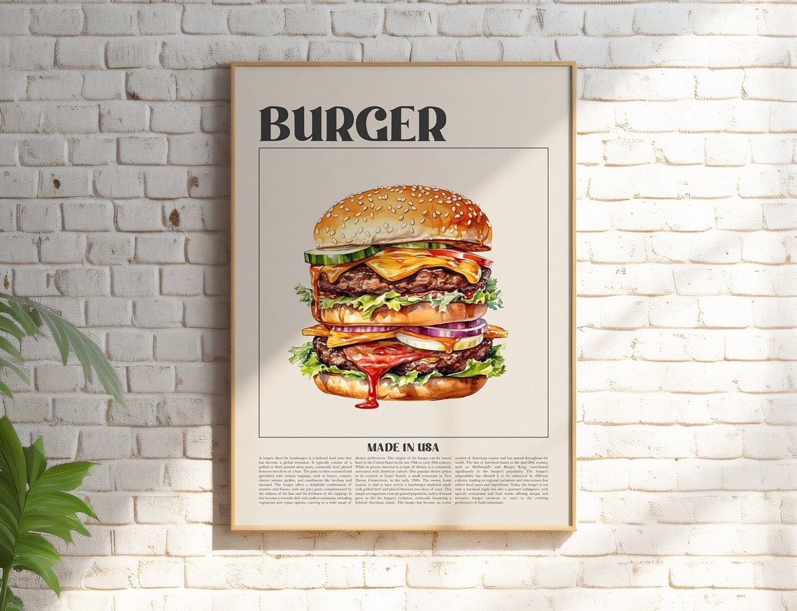 Retro Burger Wall Art, Vintage Hamburger Artwork, Burger Poster, Food ...