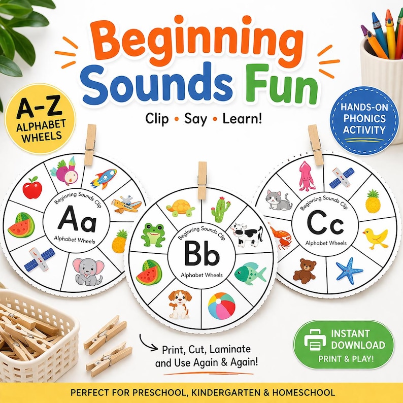 Alphabet Clip Wheels Beginning Sounds Printable Activity, Preschool ...