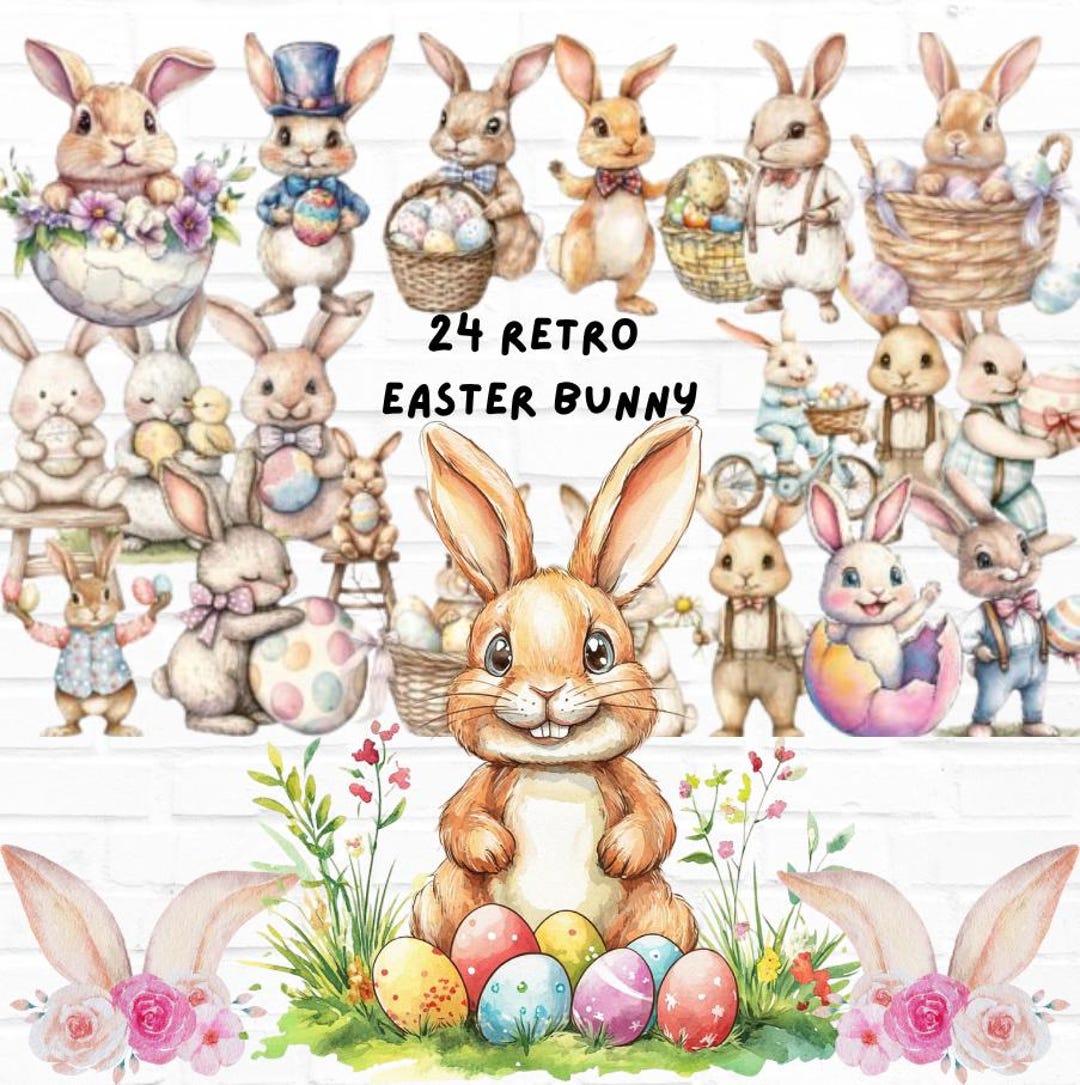 24 Vintage Easter Bunny Clipart Bundle Png, Easter Florals Png ...