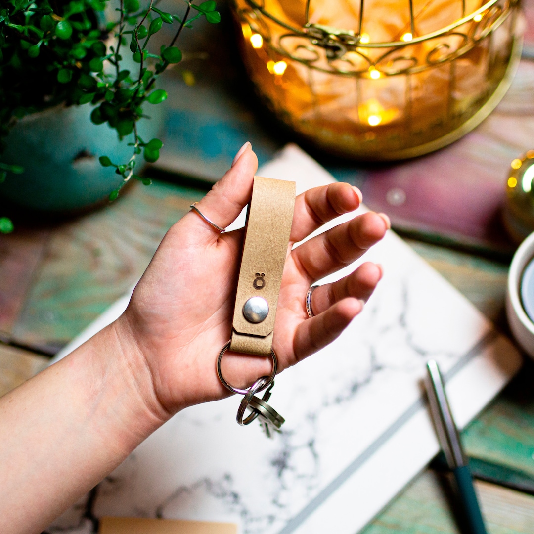 Handmade Leather Keychain / Model–ö - Beige / Recycled Leather Keychain ...