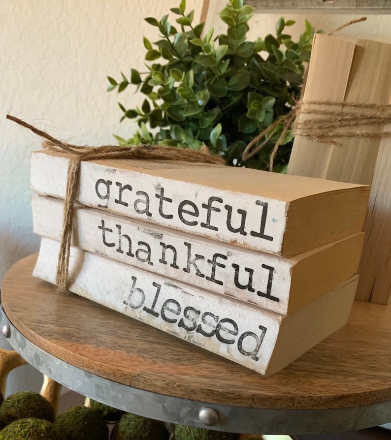 Grateful Thankful Blessed Stacked Books //home Books//neutral - Etsy