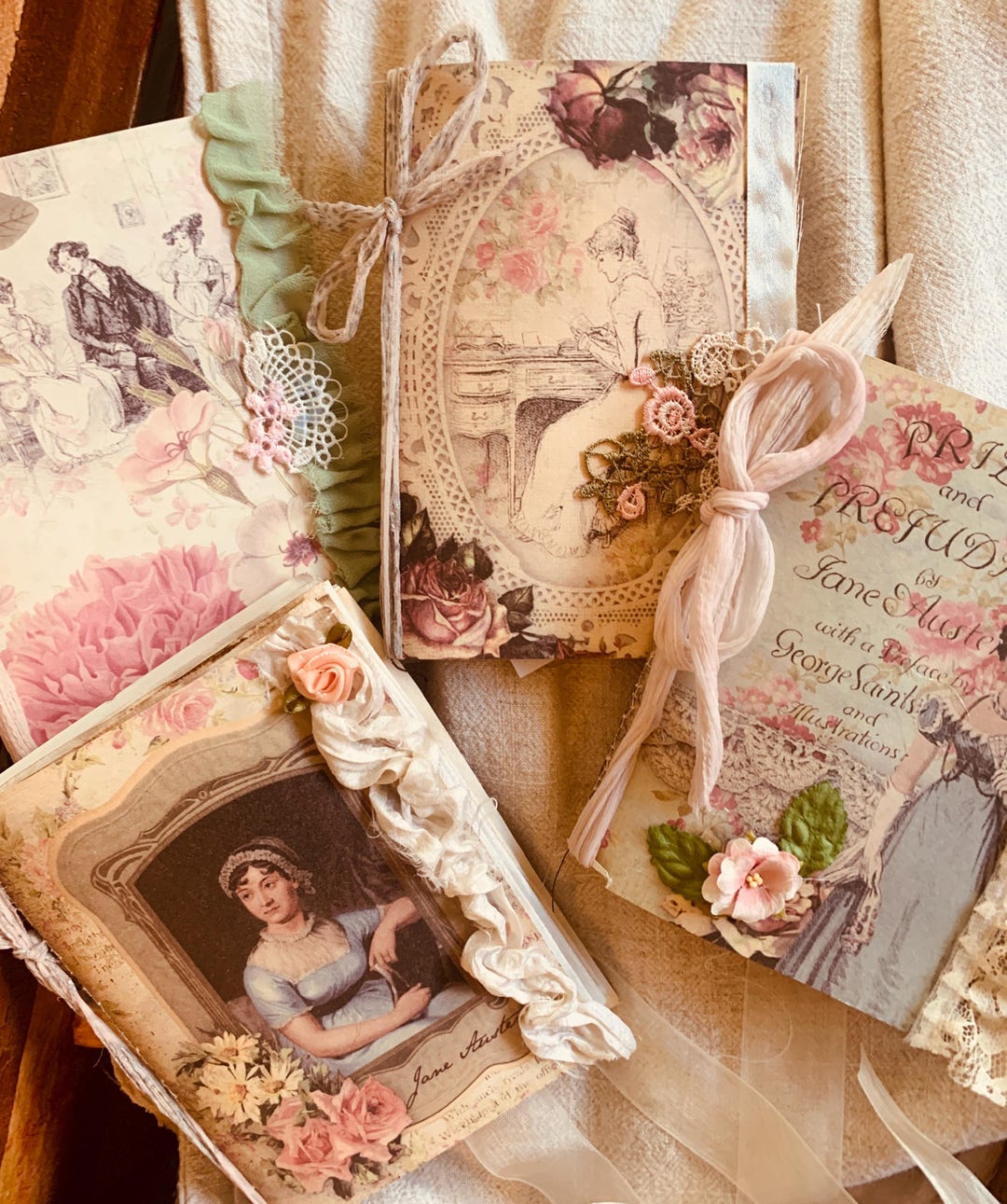 Jane Austen 4 Mini Journals, Shabby Vintage, Lace, Style Coffee Dyed ...