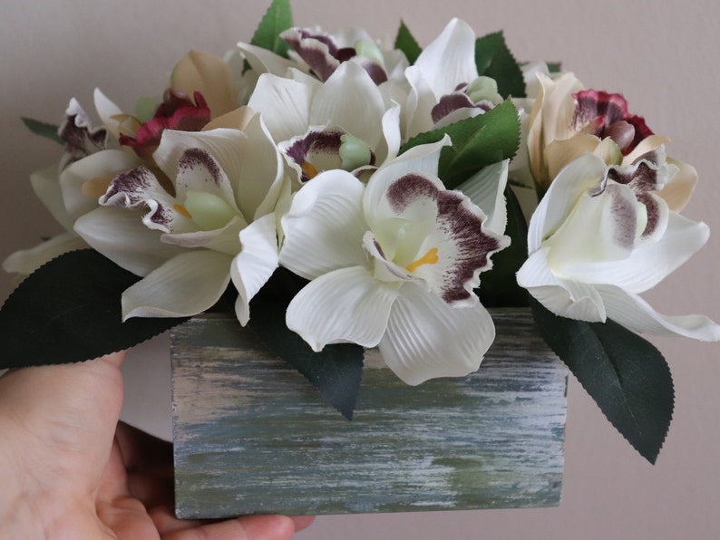 Silk flowers in wooden box rustic centerpiece with fake | Etsy