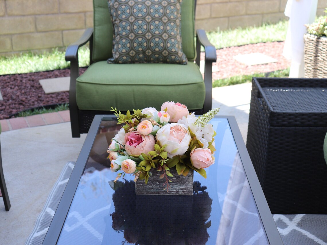 Silk Flowers in Wooden Box Rustic Centerpiece With Fake Peony - Etsy
