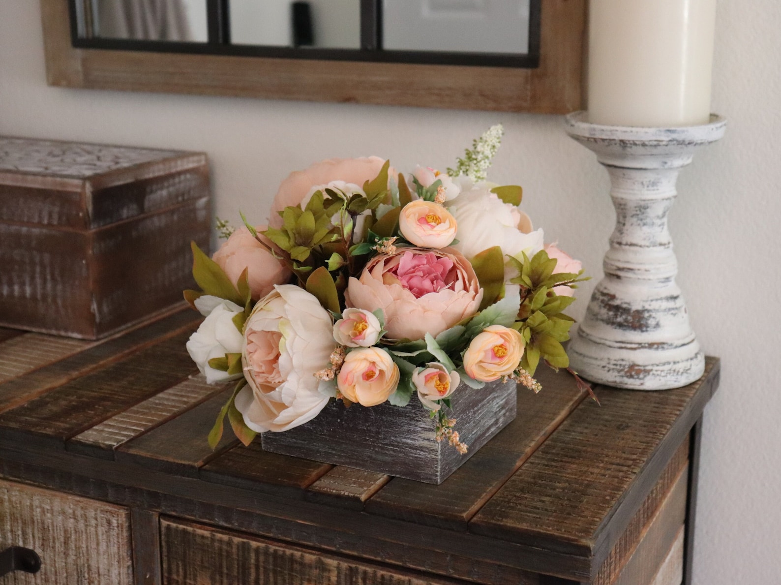 Silk Flowers in Wooden Box Rustic Centerpiece With Fake Peony - Etsy