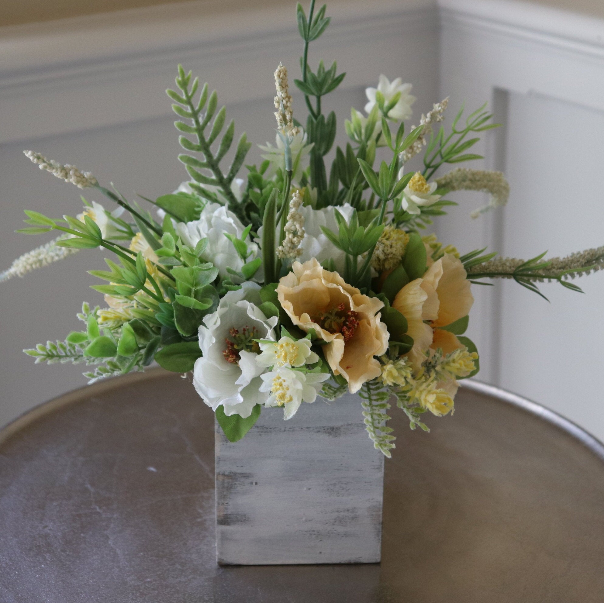 A Rustic Flower Arrangement in Wooden Box, Centerpiece With Silk ...