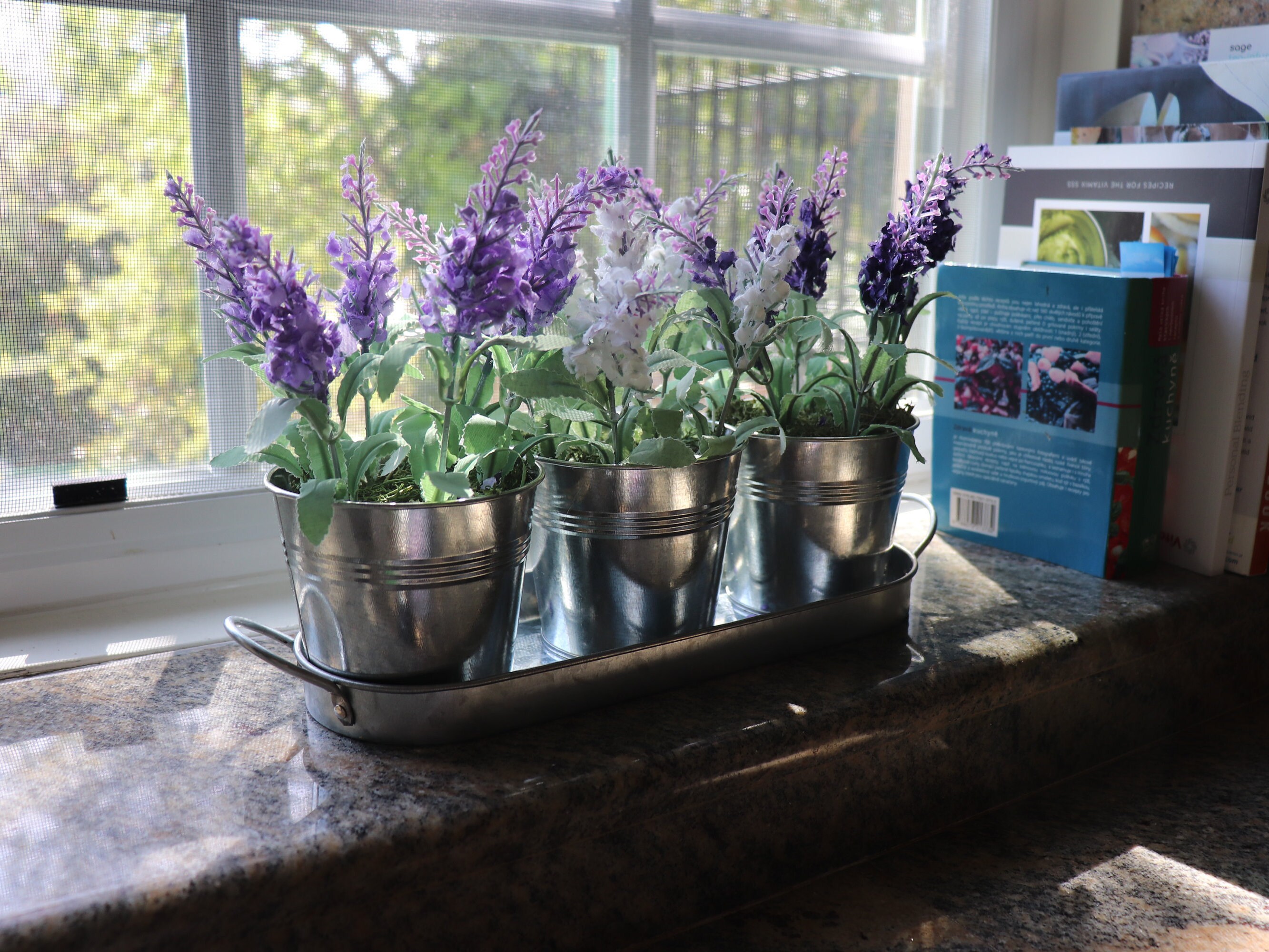 Artificial lavender centerpiece in metal buckets with tray | Etsy