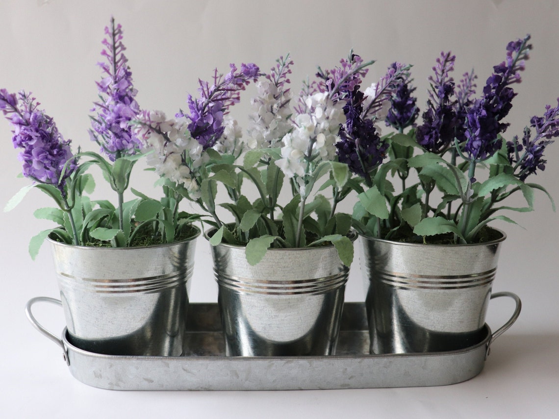 Artificial lavender centerpiece in metal buckets with tray | Etsy
