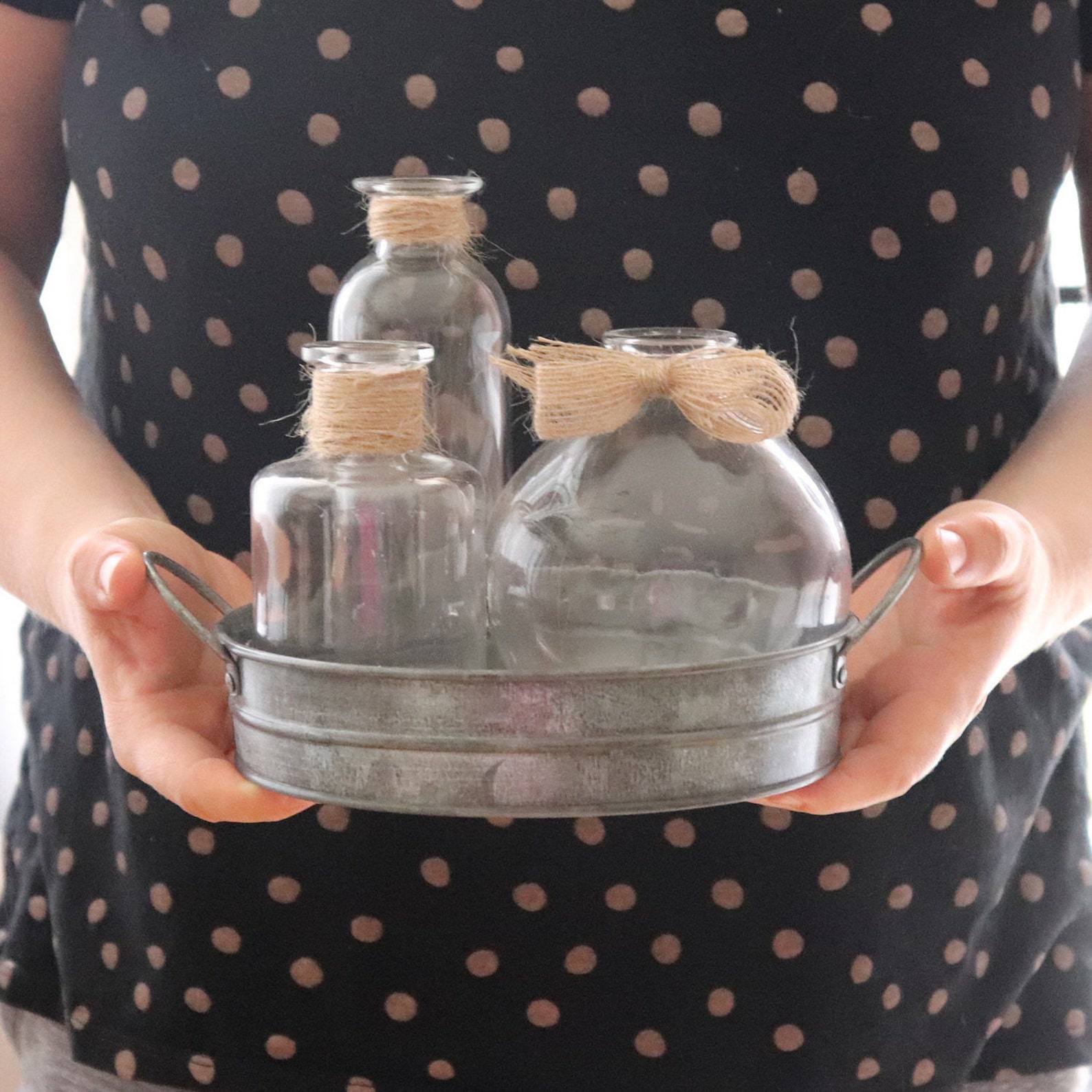 Galvanized Round Metal Tray With Set of 3 Glass Bottles With - Etsy