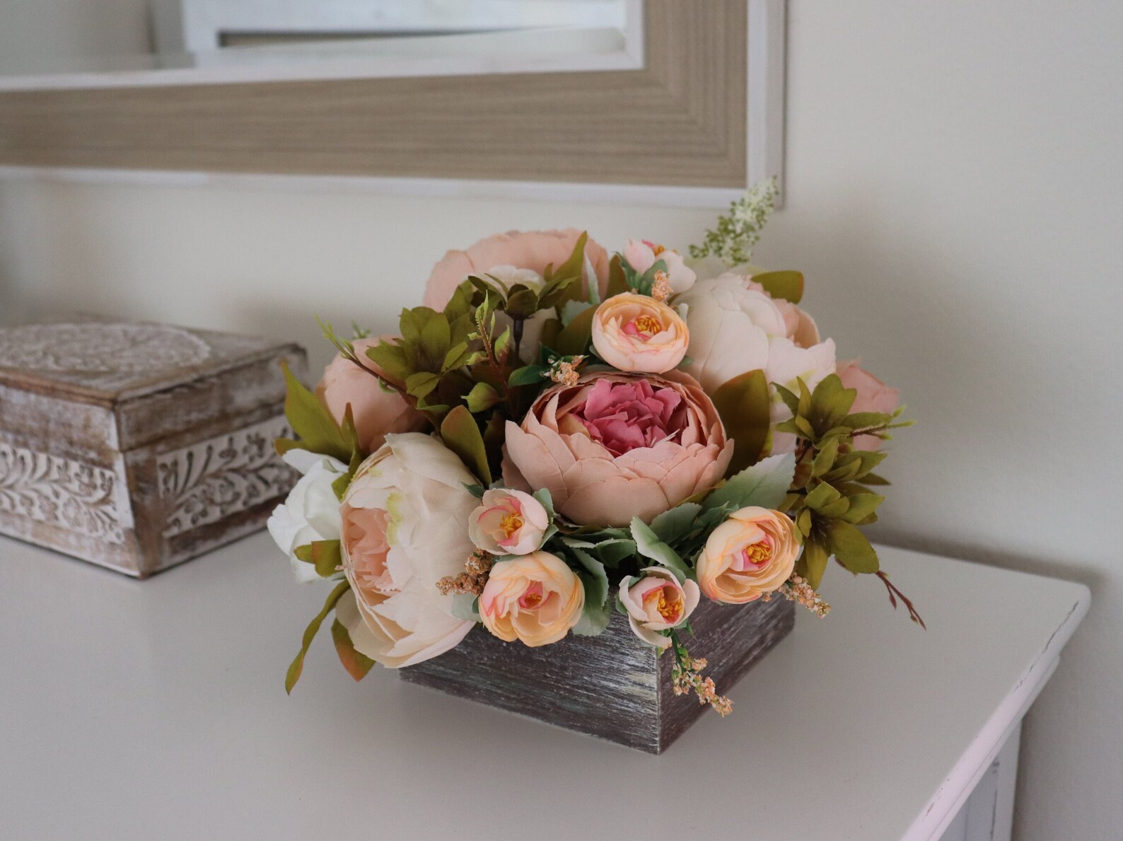 Silk Flowers in Wooden Box Rustic Centerpiece With Fake Peony - Etsy
