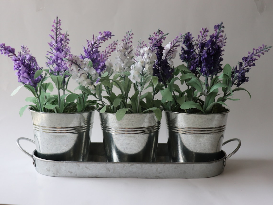 Artificial lavender centerpiece in metal buckets with tray | Etsy