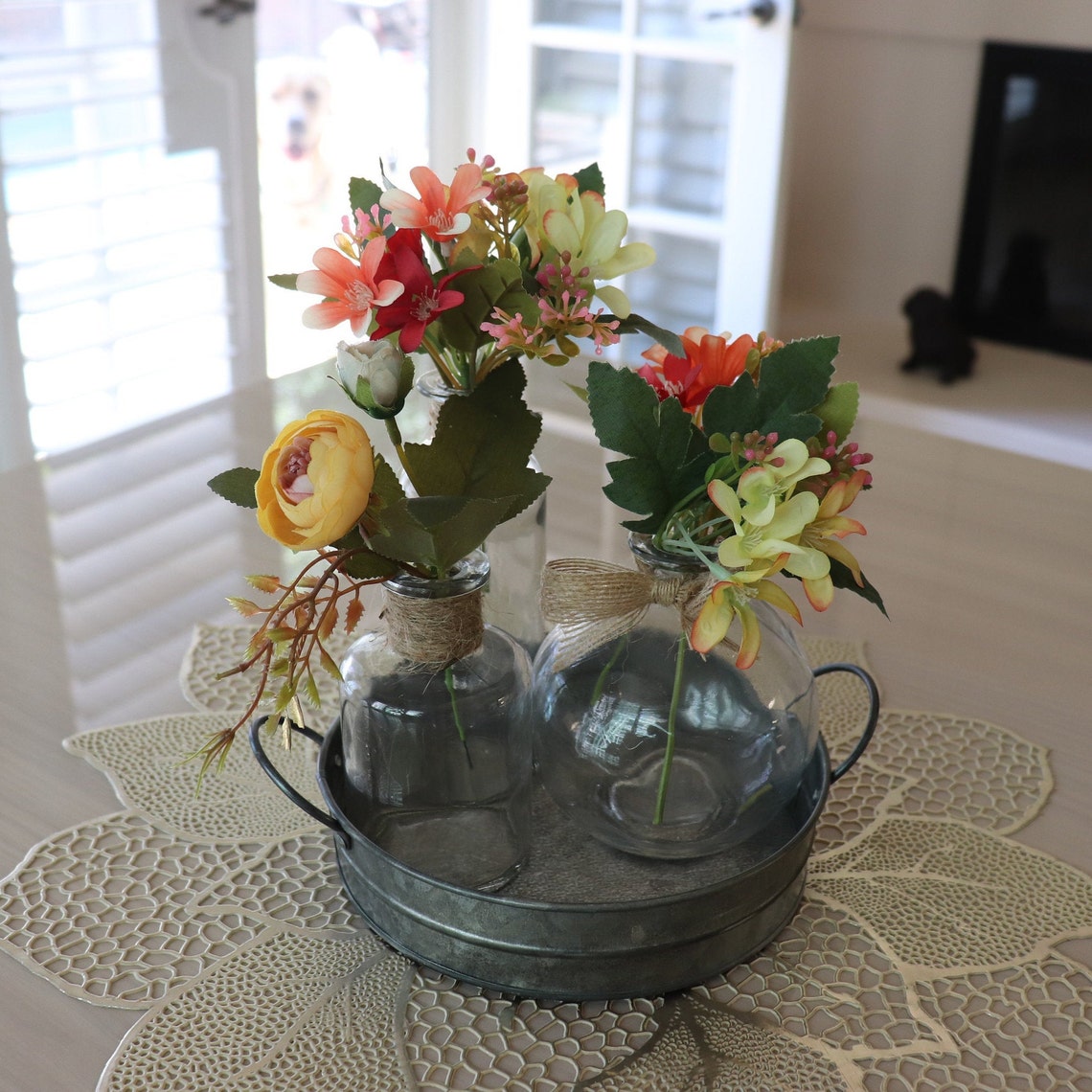 Galvanized Round Metal Tray With Set of 3 Glass Bottles With - Etsy