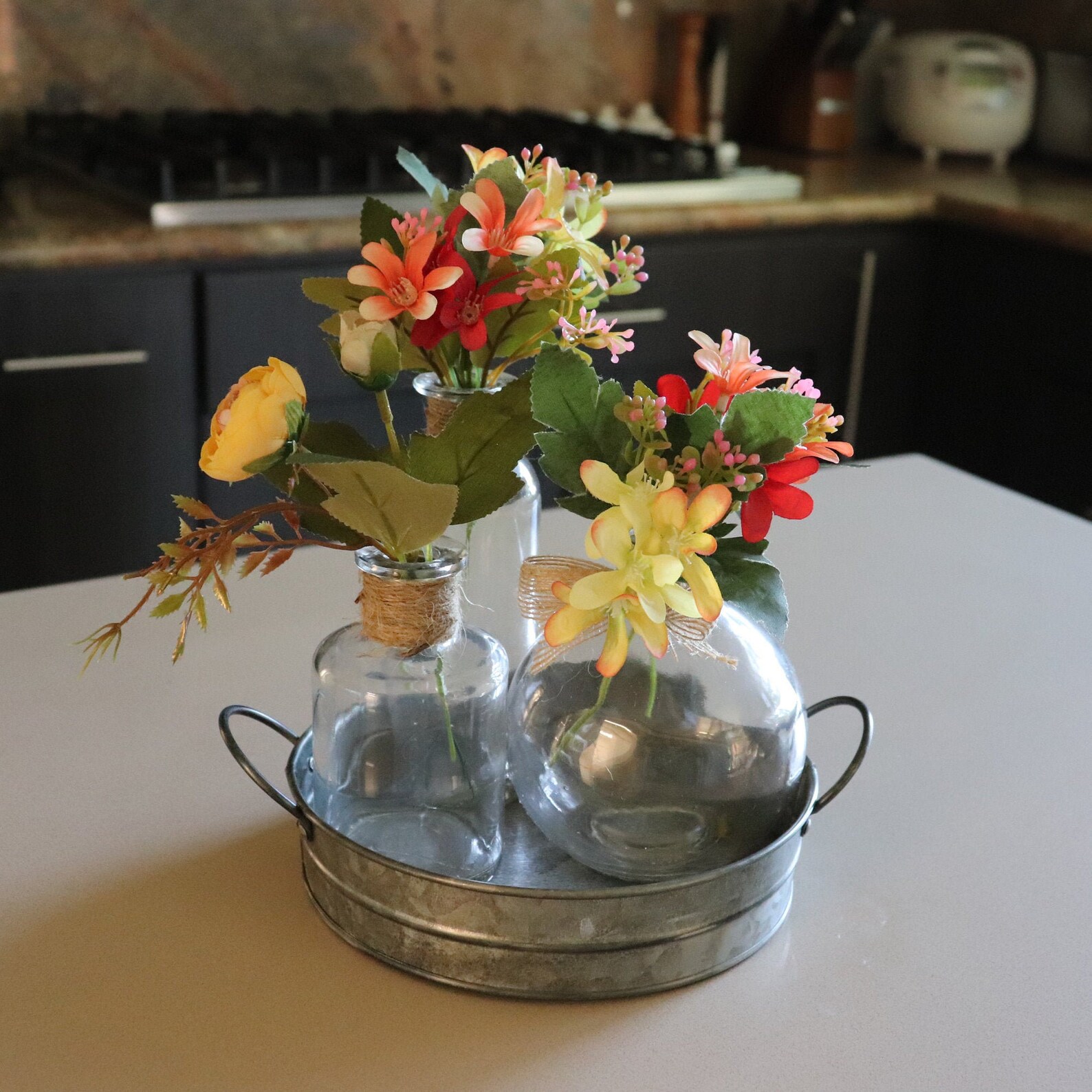 Galvanized Round Metal Tray With Set of 3 Glass Bottles With - Etsy