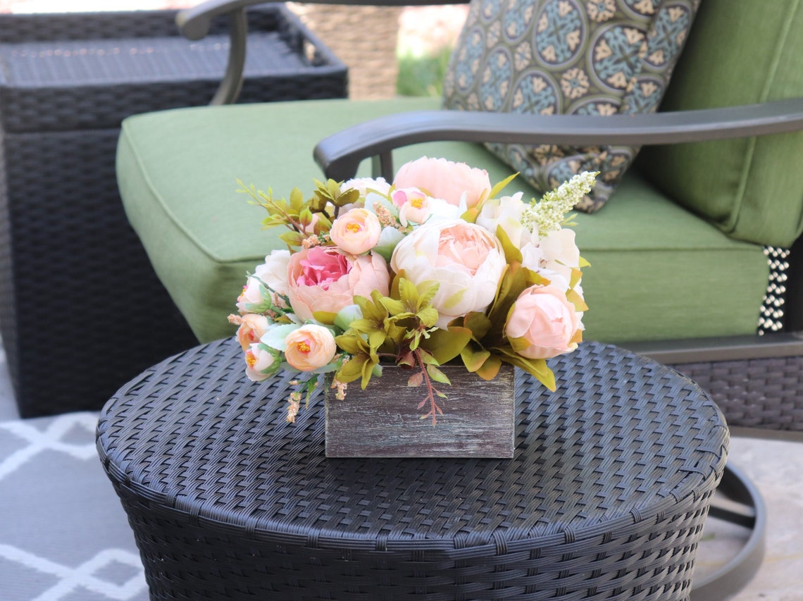 Silk Flowers in Wooden Box Rustic Centerpiece With Fake Peony - Etsy