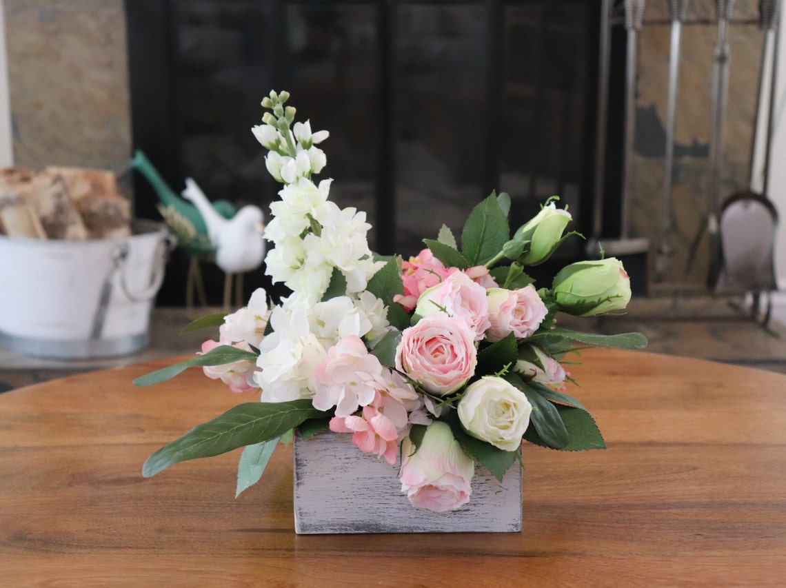 Silk Roses in Wooden Box Rustic Centerpiece With Fake - Etsy