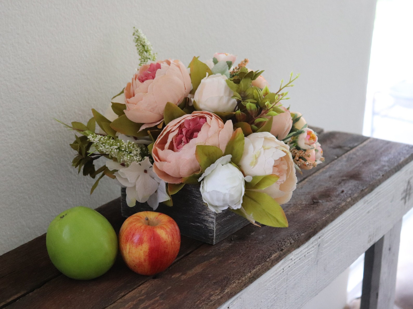 Silk Flowers in Wooden Box Rustic Centerpiece With Fake Peony - Etsy