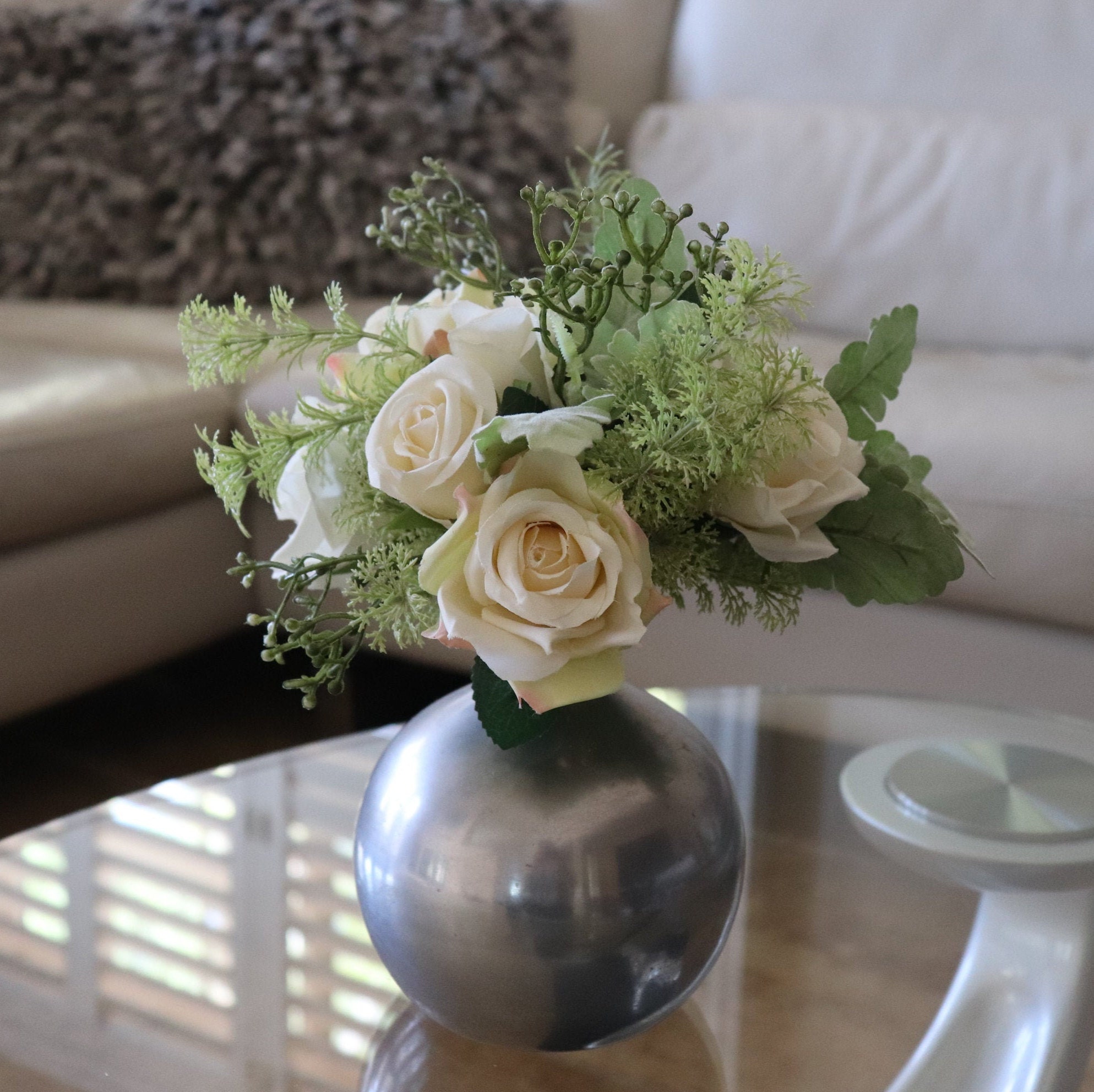 White Silk Flowers Centerpiece, Table Arrangement, Rose Centerpiece ...