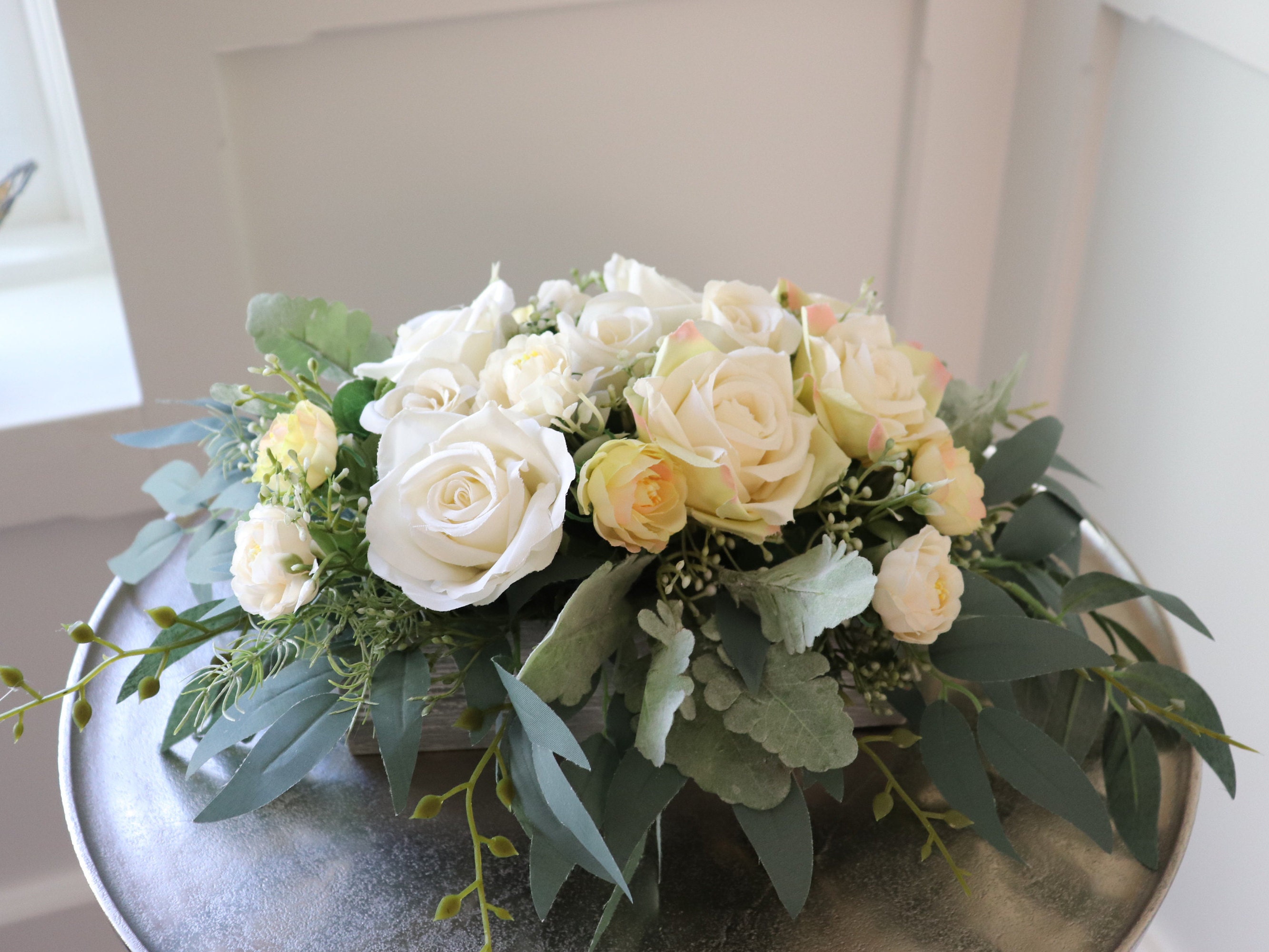 Rustic Floral Arrangement in a Wooden Box With White Silk Flowers ...