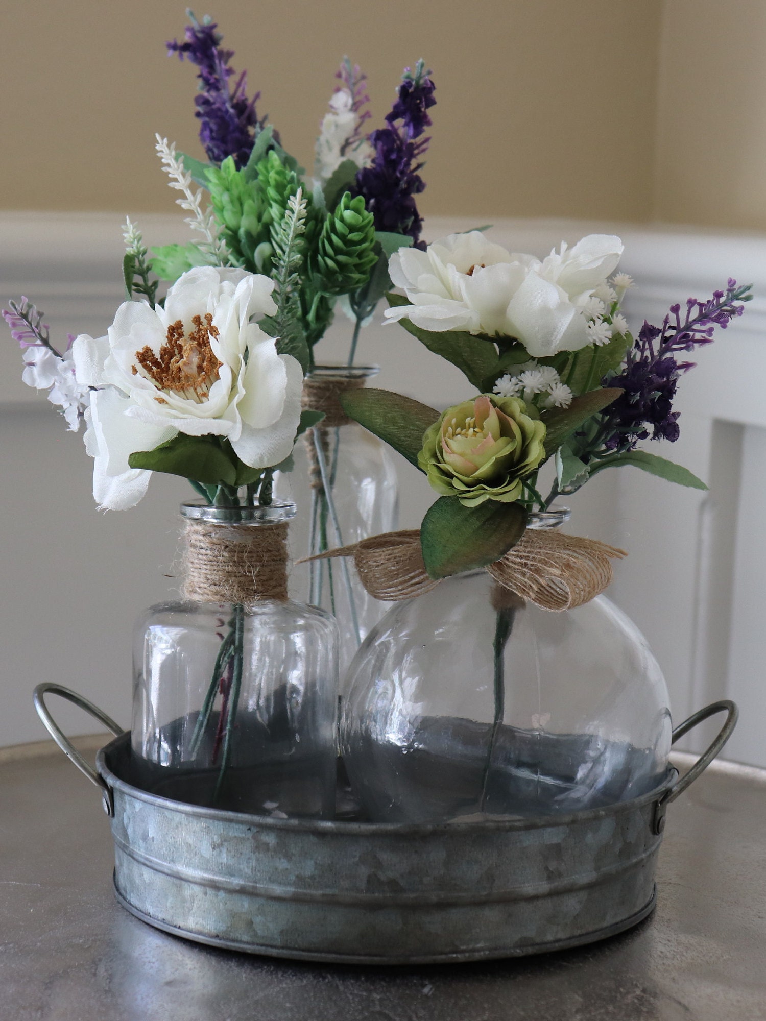 Galvanized Round Metal Tray With Set of 3 Glass Bottles With - Etsy
