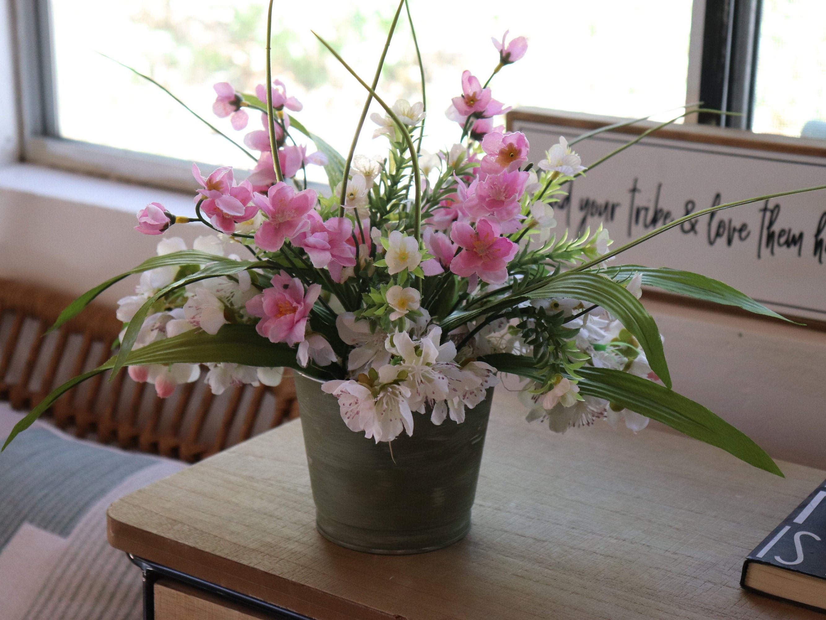 Galvanized Metal Bucket With Artificial Flowers, White and Pink Floral ...