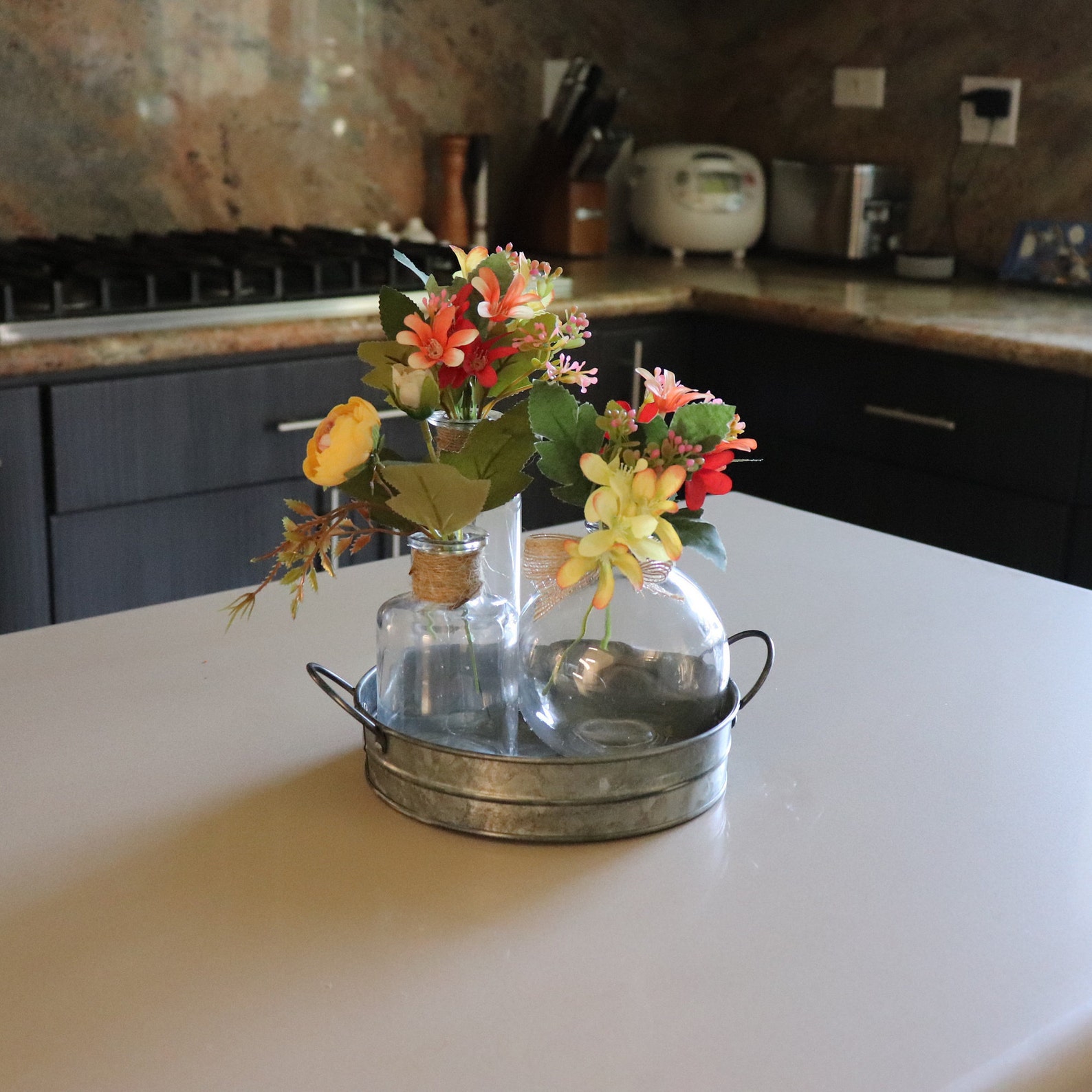Galvanized Round Metal Tray With Set of 3 Glass Bottles With - Etsy
