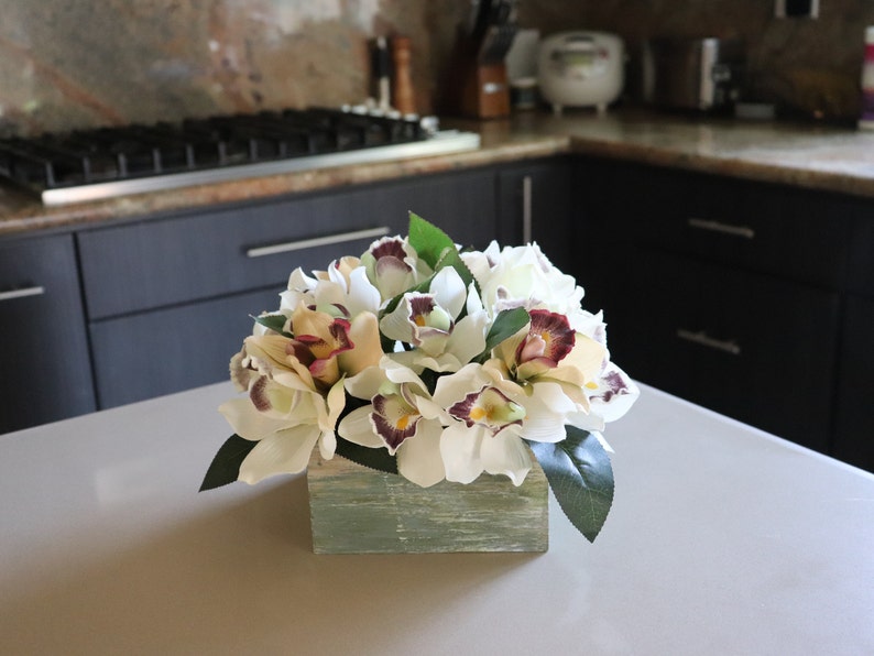 Silk flowers in wooden box rustic centerpiece with fake | Etsy