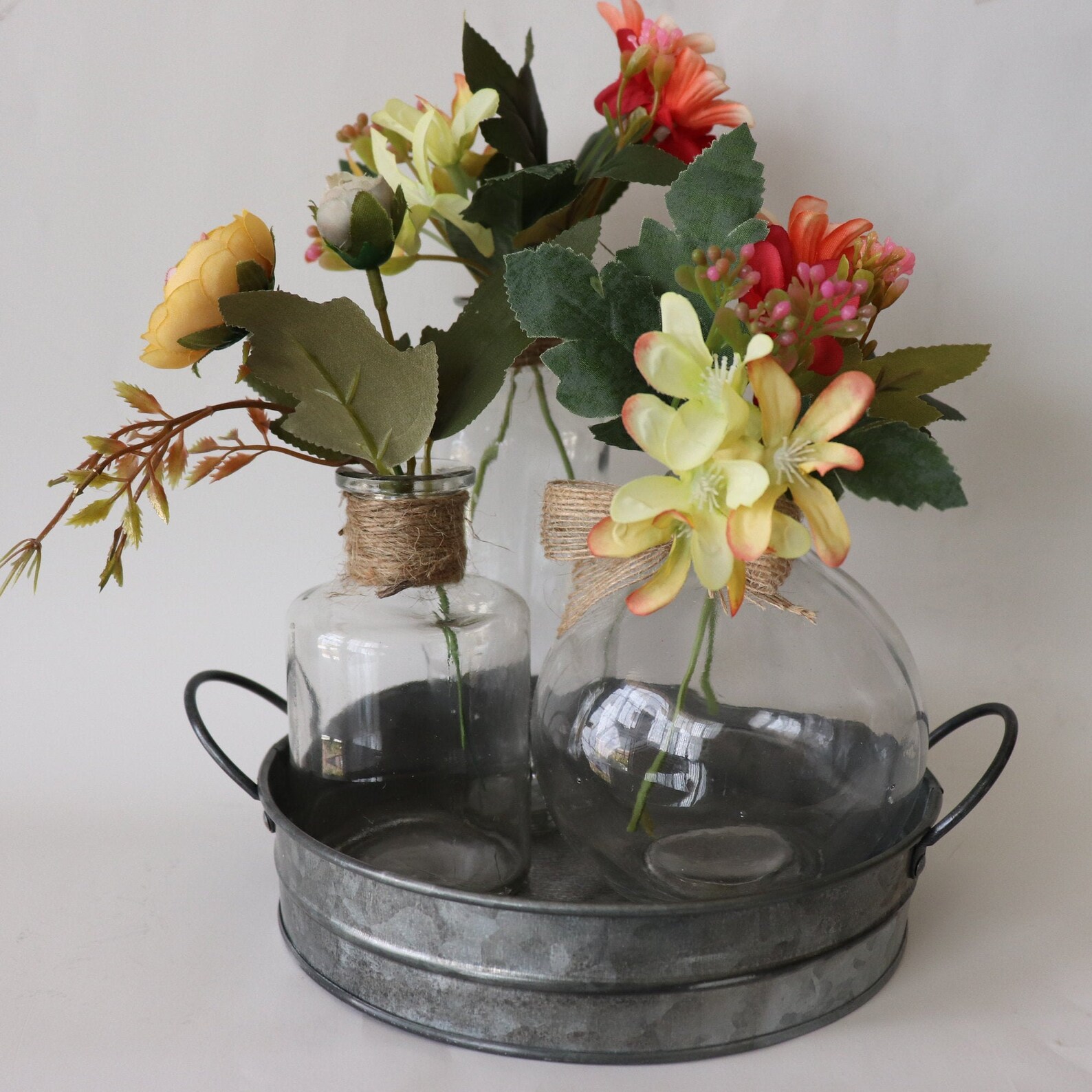Galvanized Round Metal Tray With Set of 3 Glass Bottles With - Etsy