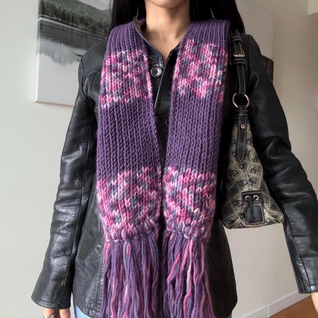 Y2k Purple Pink Knit Fringe Trim Scars Boho Indie Long Scarf Good ...