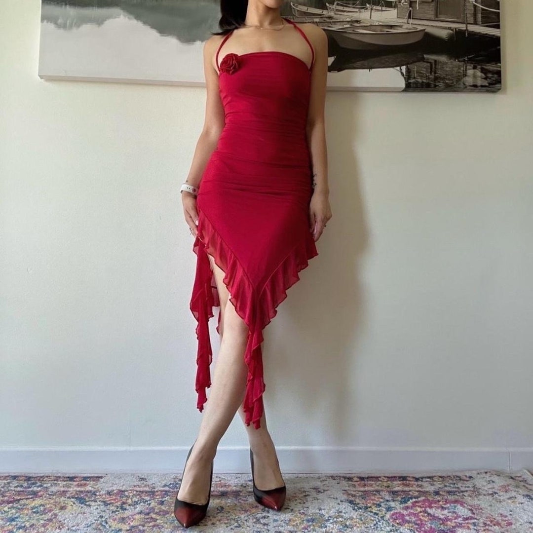 Y2k 2000s Mesh Red Floral Trim Tube Top Ruched Sexy Night Out Dress ...