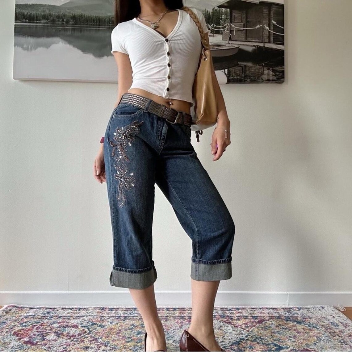 2000s Y2k Vintage Whimsigothic Beaded Low Rise Flared Capris Denim ...