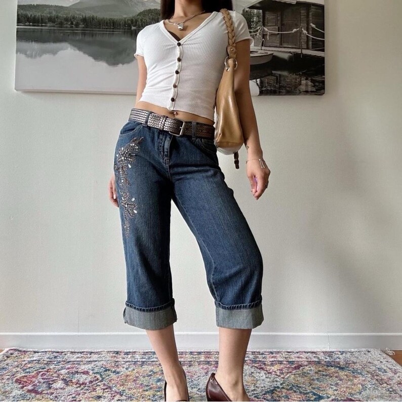 2000s Y2k Vintage Whimsigothic Beaded Low Rise Flared Capris Denim ...