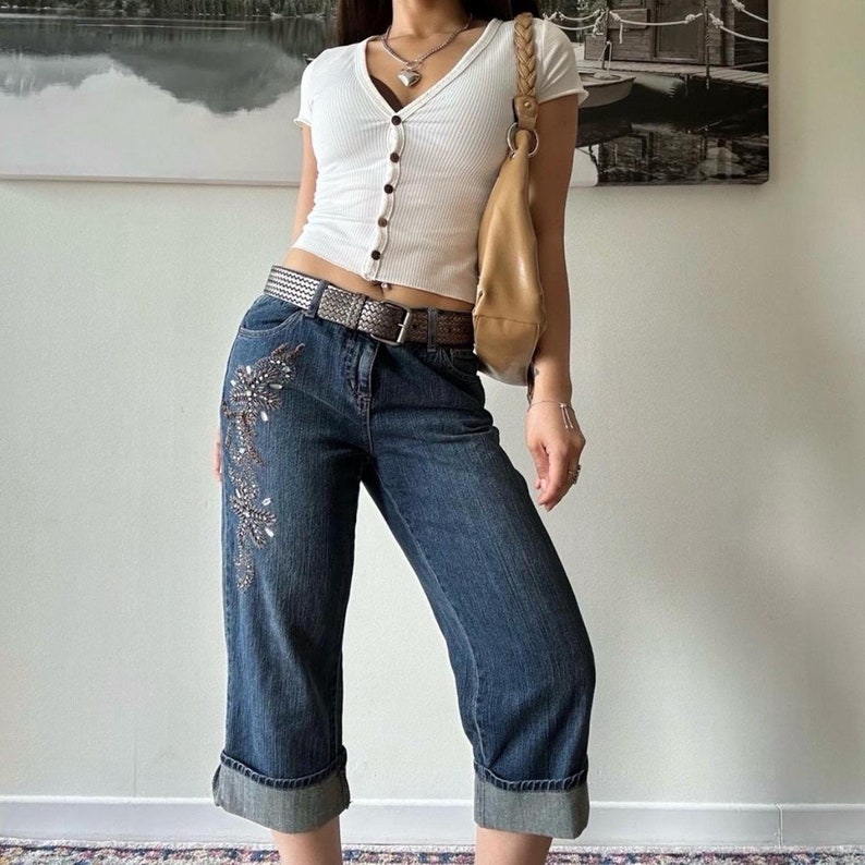 2000s Y2k Vintage Whimsigothic Beaded Low Rise Flared Capris Denim ...