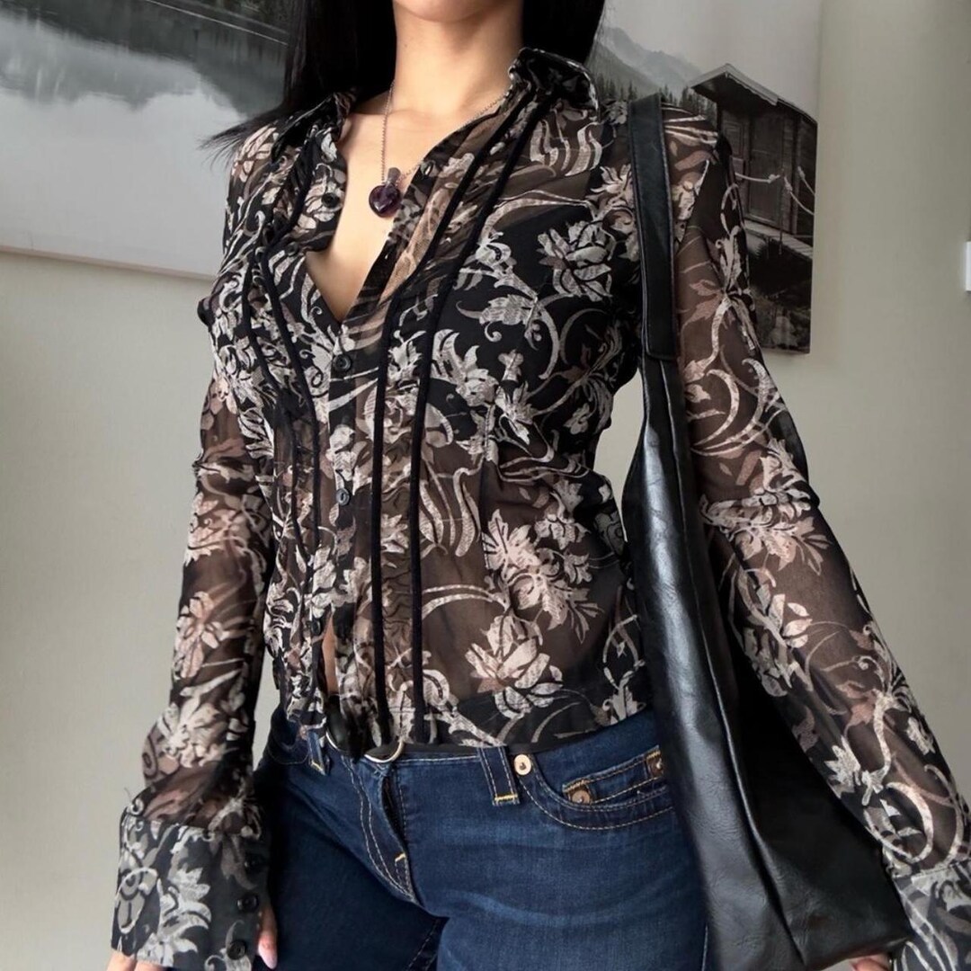 Vintage Floral Lace Sexy Blouse Emo Whimsigoth Preppy Button up Blouse ...
