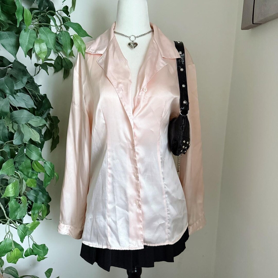 90s Minimalist Goth Light Pink Button Down Blouse Silky Blouse - Etsy