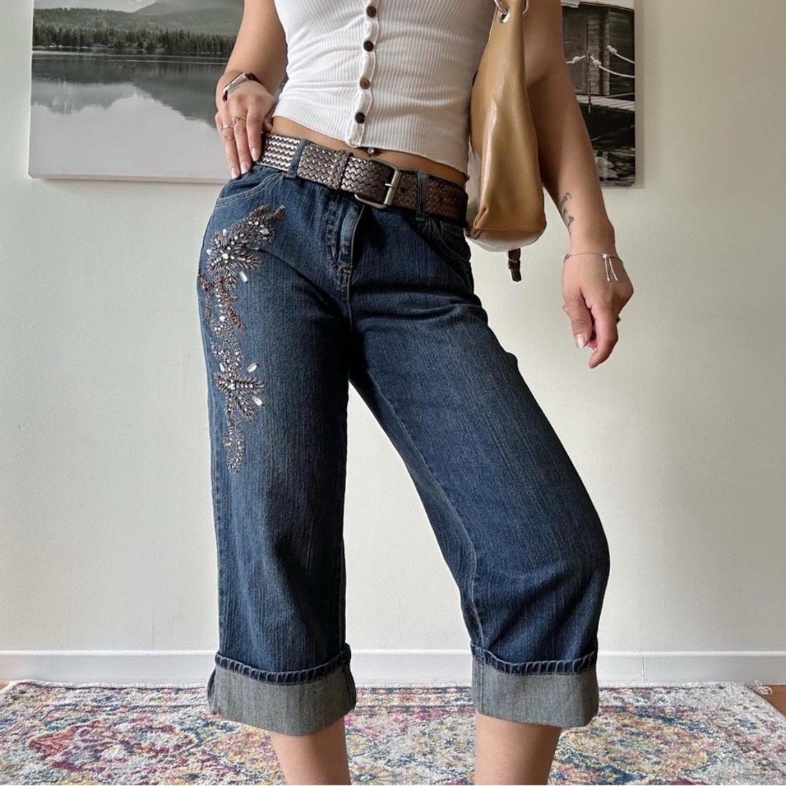 2000s Y2k Vintage Whimsigothic Beaded Low Rise Flared Capris Denim ...