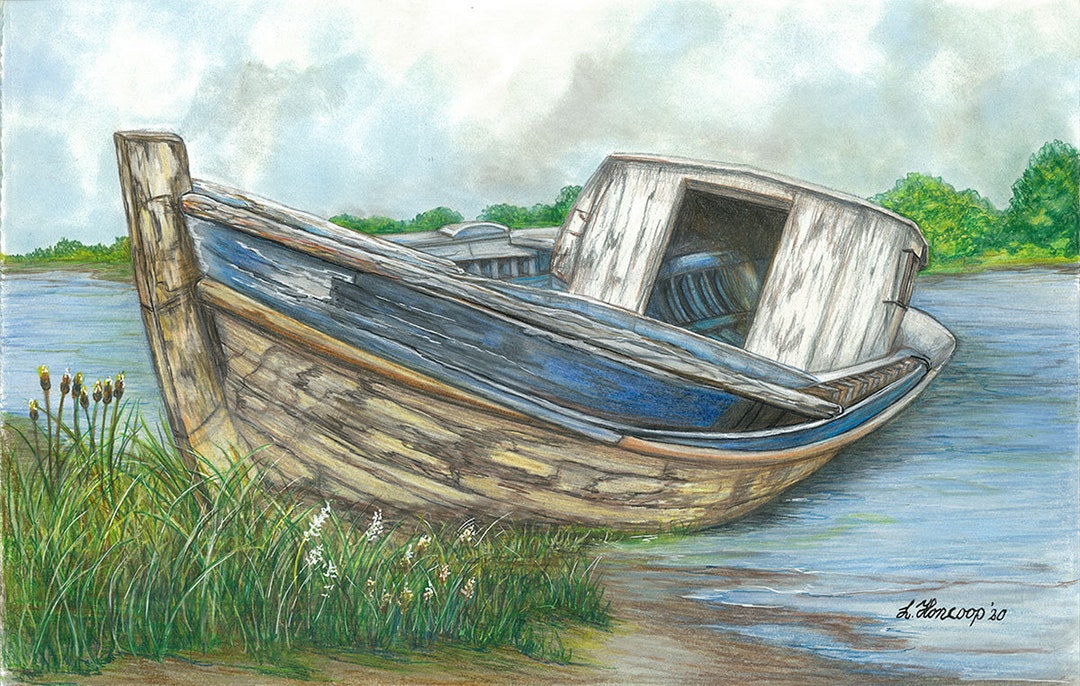 Old Blue Boat Color Pencil Drawing - Etsy
