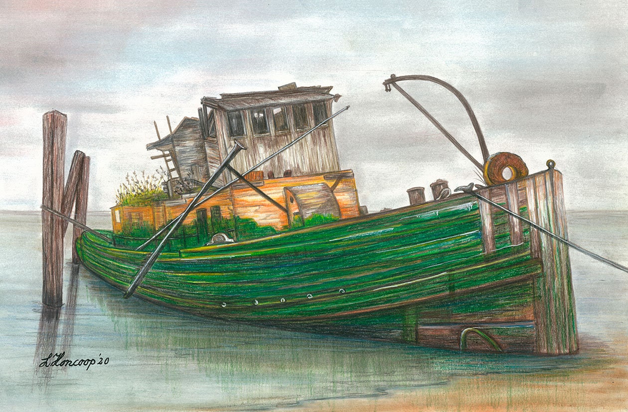 Old Green Boat Color Pencil Drawing - Etsy