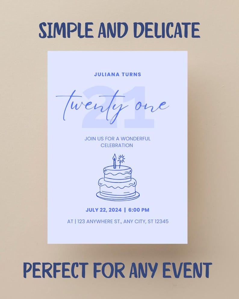 21st Birthday Invitation Template, Modern Blue Minimalist Design ...