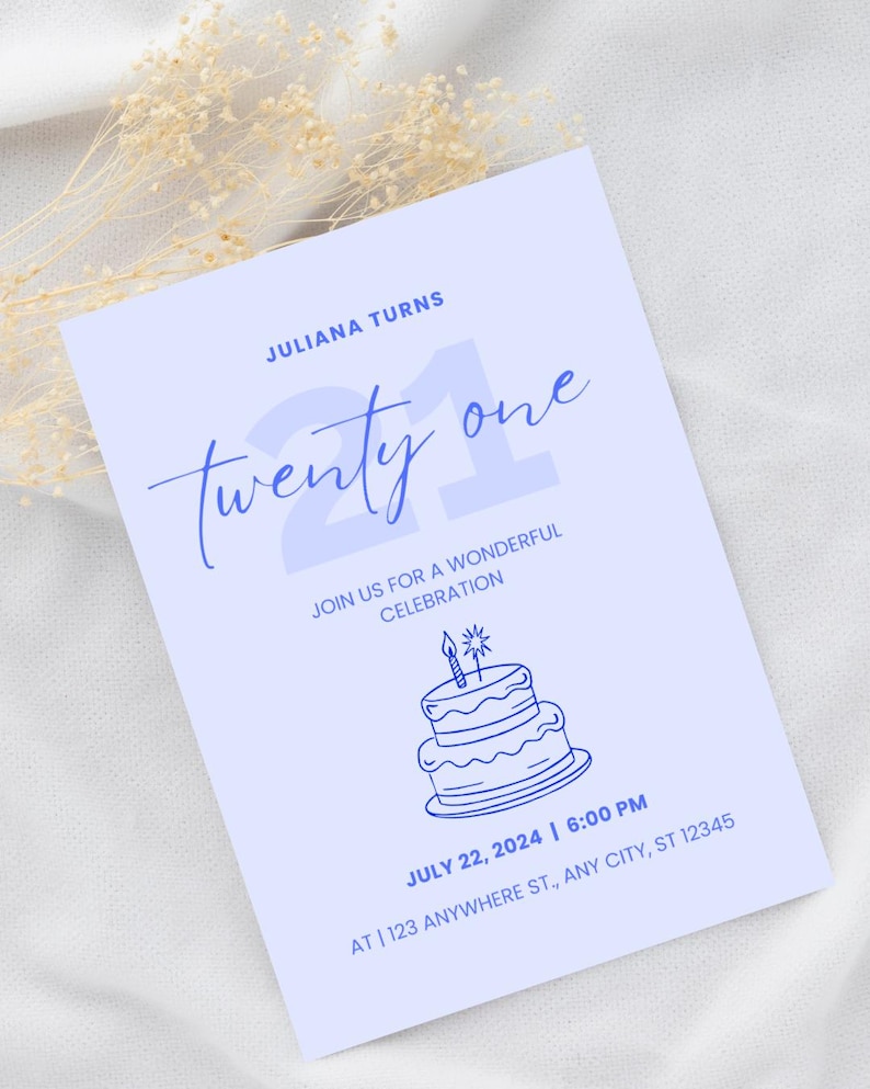 21st Birthday Invitation Template, Modern Blue Minimalist Design ...