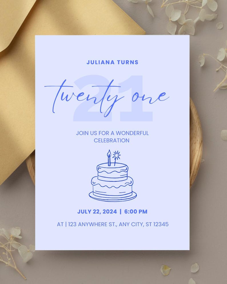 21st Birthday Invitation Template, Modern Blue Minimalist Design ...