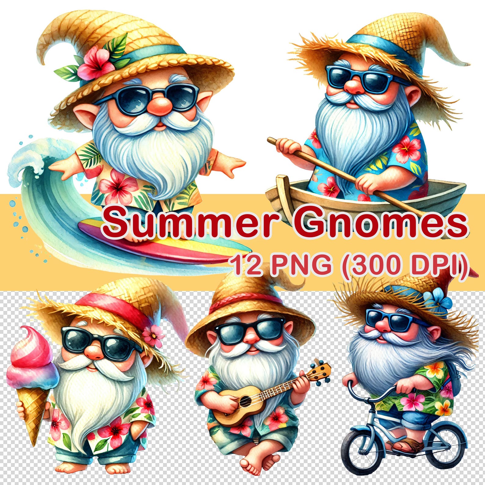 Summer Gnomes Clipart, Cute Watercolor Summer Gnomes Clipart, 12 PNG ...