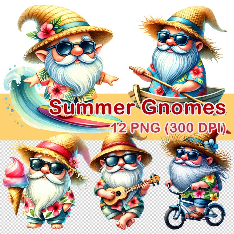 Summer Gnomes Clipart, Cute Watercolor Summer Gnomes Clipart, 12 PNG ...