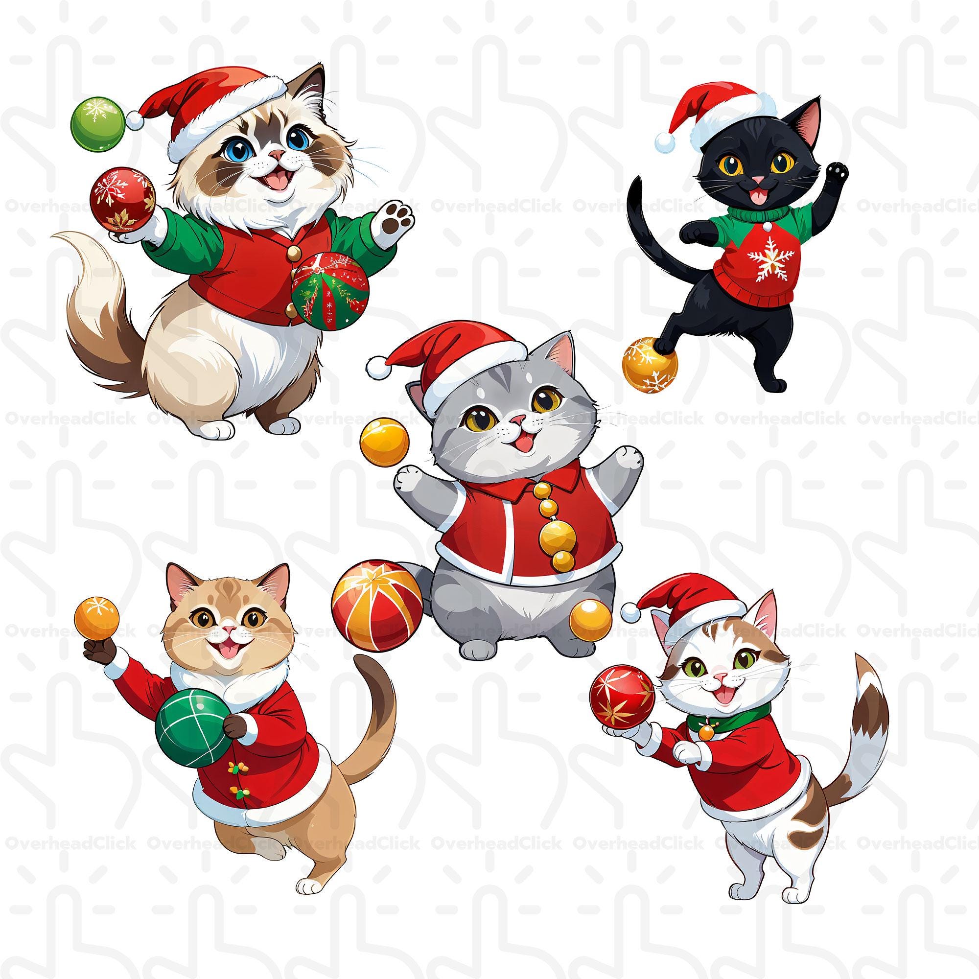Christmas Cats Clipart, 11 PNG Transparent, 300 DPI, Cute Watercolor ...