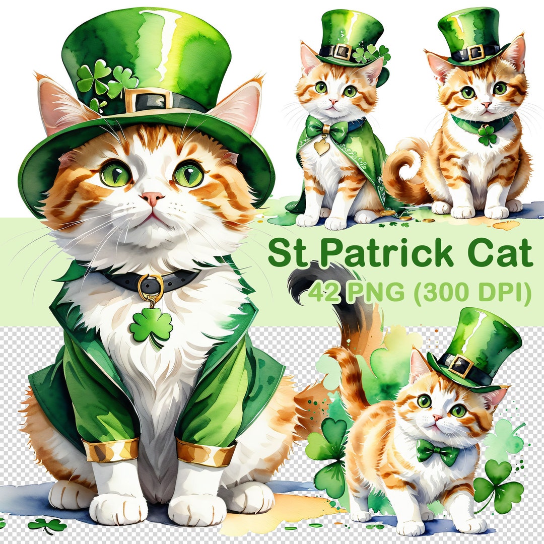 St. Patrick Cat, Cute Watercolor Clipart, PNG Transparent, 300 DPI - Etsy