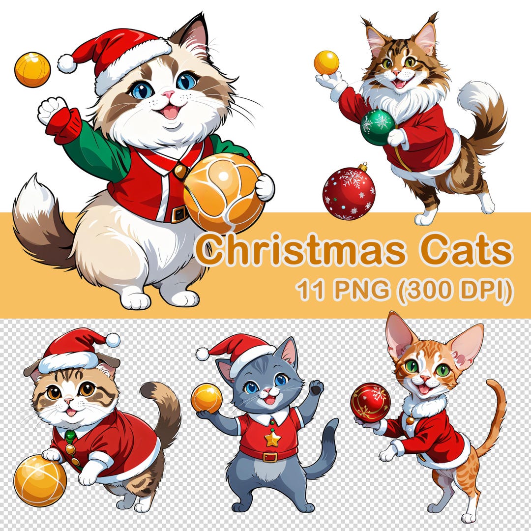 Christmas Cats Clipart, 11 PNG Transparent, 300 DPI, Cute Watercolor ...